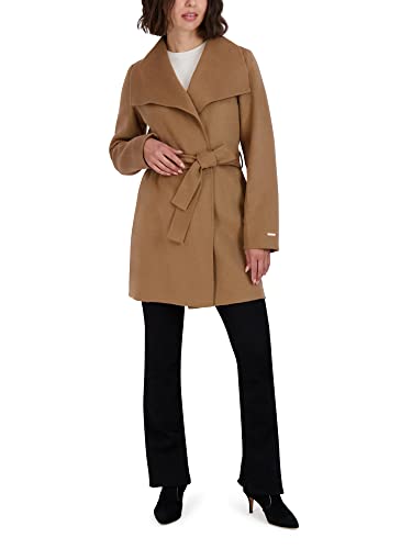 Tahari Women's Ella Lightweight Double Face Wool Wrap Coat with Tie Belt, Solid Camel, Medium