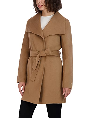 Tahari Women's Ella Lightweight Double Face Wool Wrap Coat with Tie Belt, Solid Camel, Medium