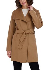 tahari women's ella lightweight double face wool wrap coat with tie belt, solid camel, medium