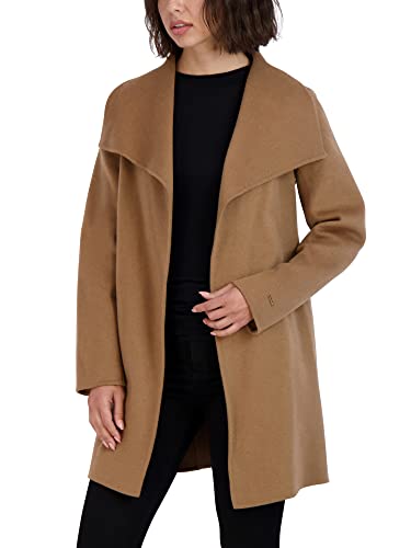 Tahari Women's Ella Lightweight Double Face Wool Wrap Coat with Tie Belt, Solid Camel, Medium