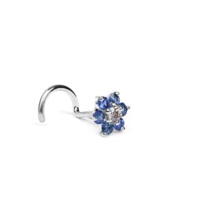 Demira Jewels Handcrafted 6 Blue Sapphire Stones in 14K White Gold with 100% Natural Conflict-Free Diamond Nose Stud - 21 Gauge Thickness Wire setting.