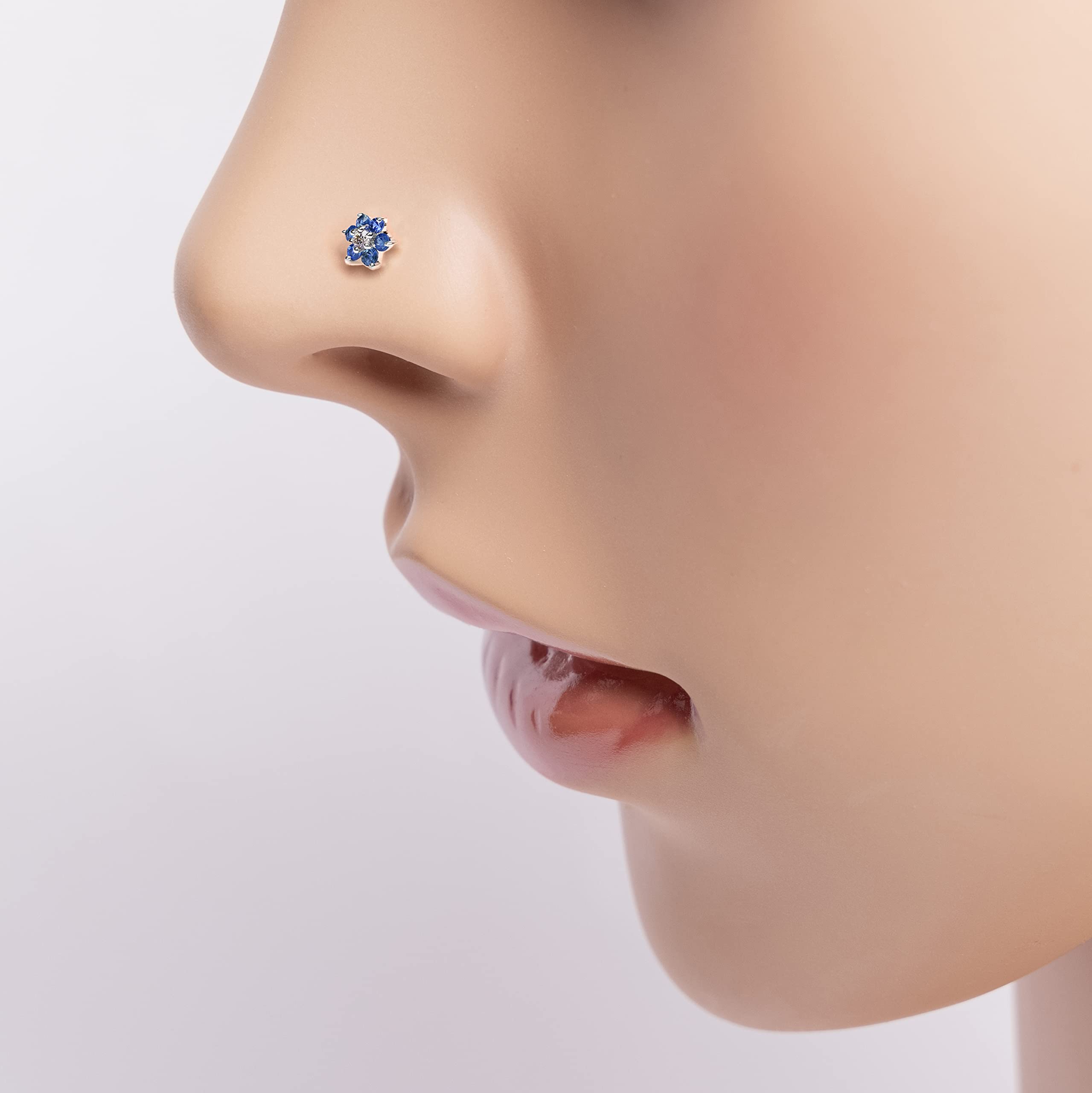 Demira Jewels Handcrafted 6 Blue Sapphire Stones in 14K White Gold with 100% Natural Conflict-Free Diamond Nose Stud - 21 Gauge Thickness Wire setting.