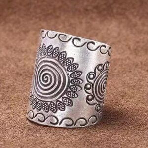 SWBRJ Sun Flower Pattern Boho Statement Band Ring for Women,Big Retro Vintage S925 Sterling Silver National Style Chunky Ring,Large Thumb Index Finger Sun Ring Boho Jewelry (Ring_Sun, 9)