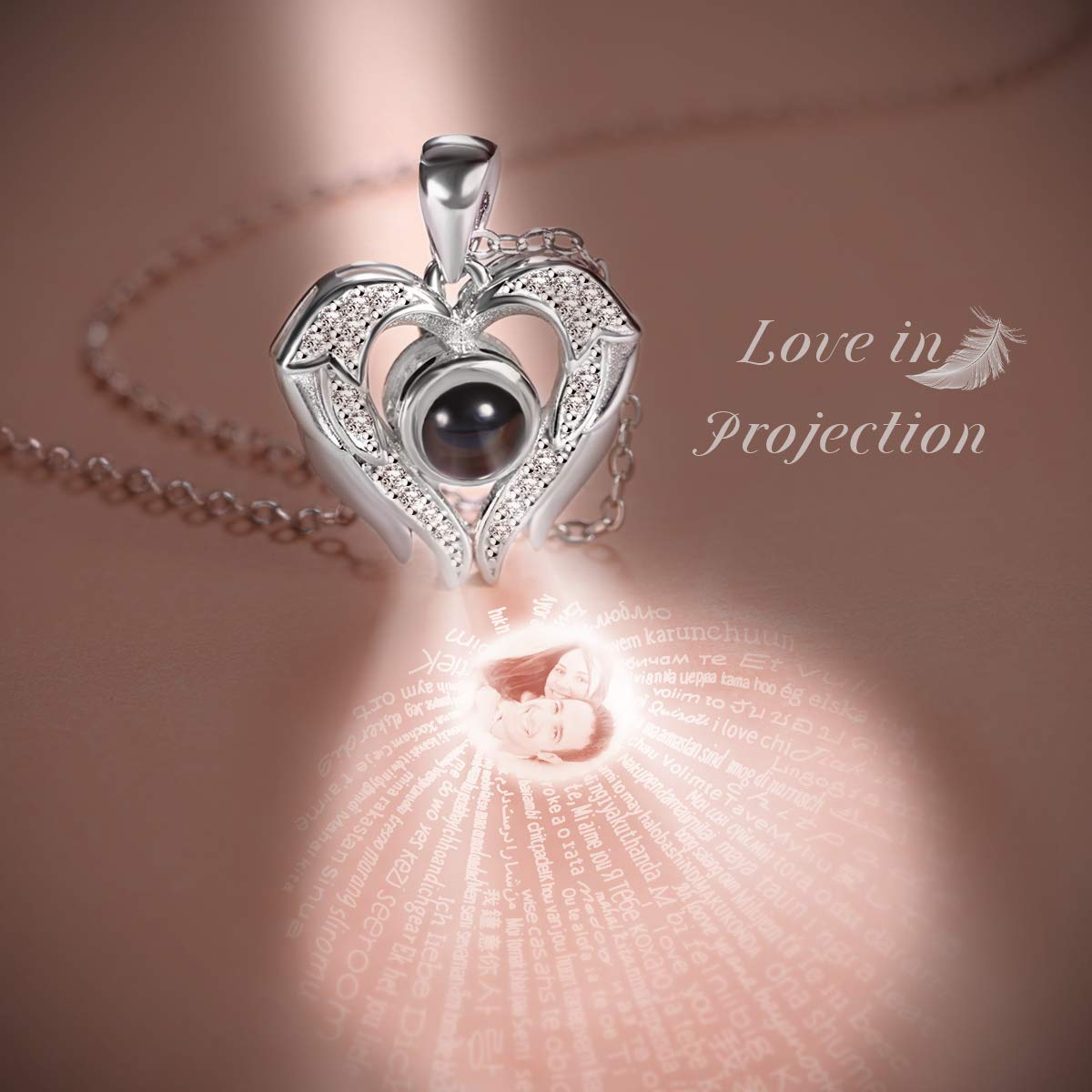 Custom Photo Projection Necklace 925 Sterling Silver Personalized Picture Necklace I Love You Necklace 100 languages Memorial Photo Pendant Romantic Birthday Gifts For Her Girlfriends Women Mother