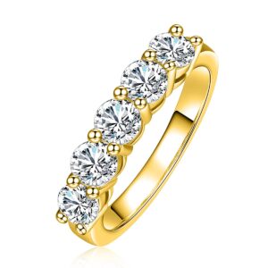 anuclub 5 stone moissanite wedding band 1.5cttw d color lab diamond 14k yellow gold plated silver eternity rings, christmas gift for women with certificate 8