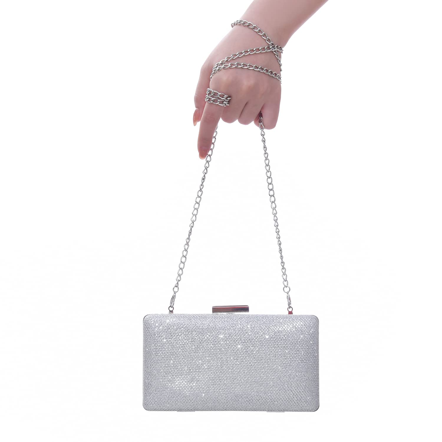 Evening Clutch Bag with Sparkling Glitter for Formal Wedding Graduation Party Elegant Crossbody Shoulder Handbag (Silver)