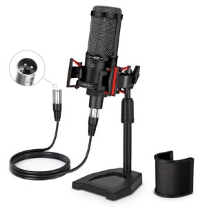 proar condenser microphone xlr, cardioid pickup pattern, 48v phantom power required, shock mount & pop filter included, sturdy base & height adjustable stand