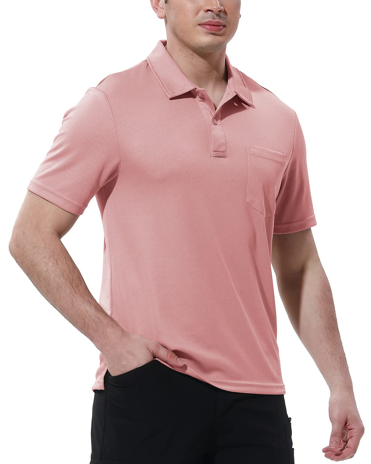 Gopune Men's Short Sleeve Polo Shirts Quick Dry Outdoor Regular Fit Golf Shirts with Pocket Pink,L