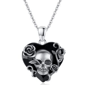 trishula skull necklace, 925 sterling silver rose skull pendant with austrian black heart crystal gothic skull horror jewelry gift for women halloween mother's day