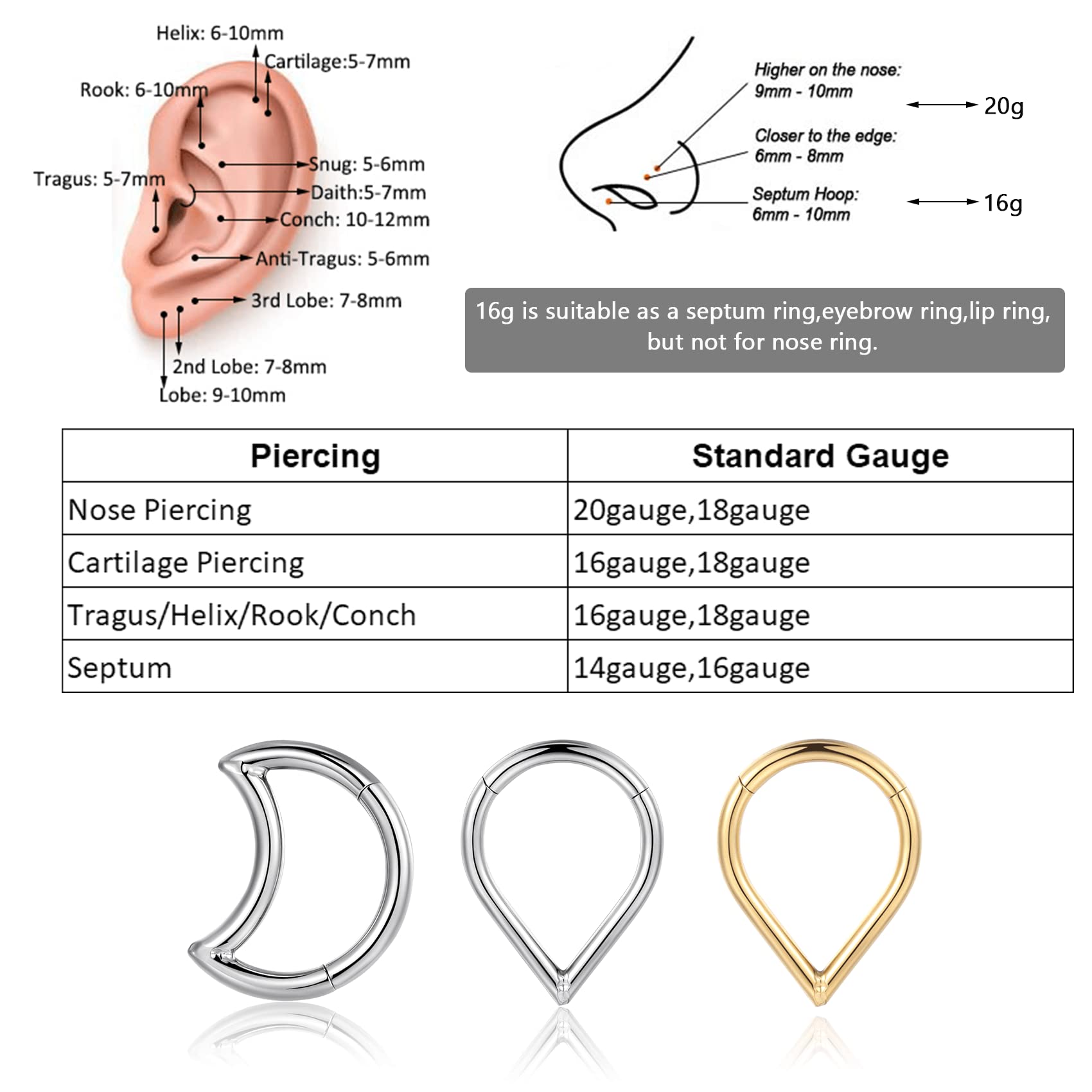 Lantine Teardrop Septum Ring Set 316 Stainless Steel Daith Piercing Jewelry Rook Snug Tragus Cartilage Hinged Segment Clicker Ring