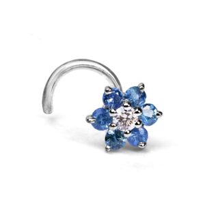 Demira Jewels Handcrafted 6 Blue Sapphire Stones in 14K White Gold with 100% Natural Conflict-Free Diamond Nose Stud - 21 Gauge Thickness Wire setting.