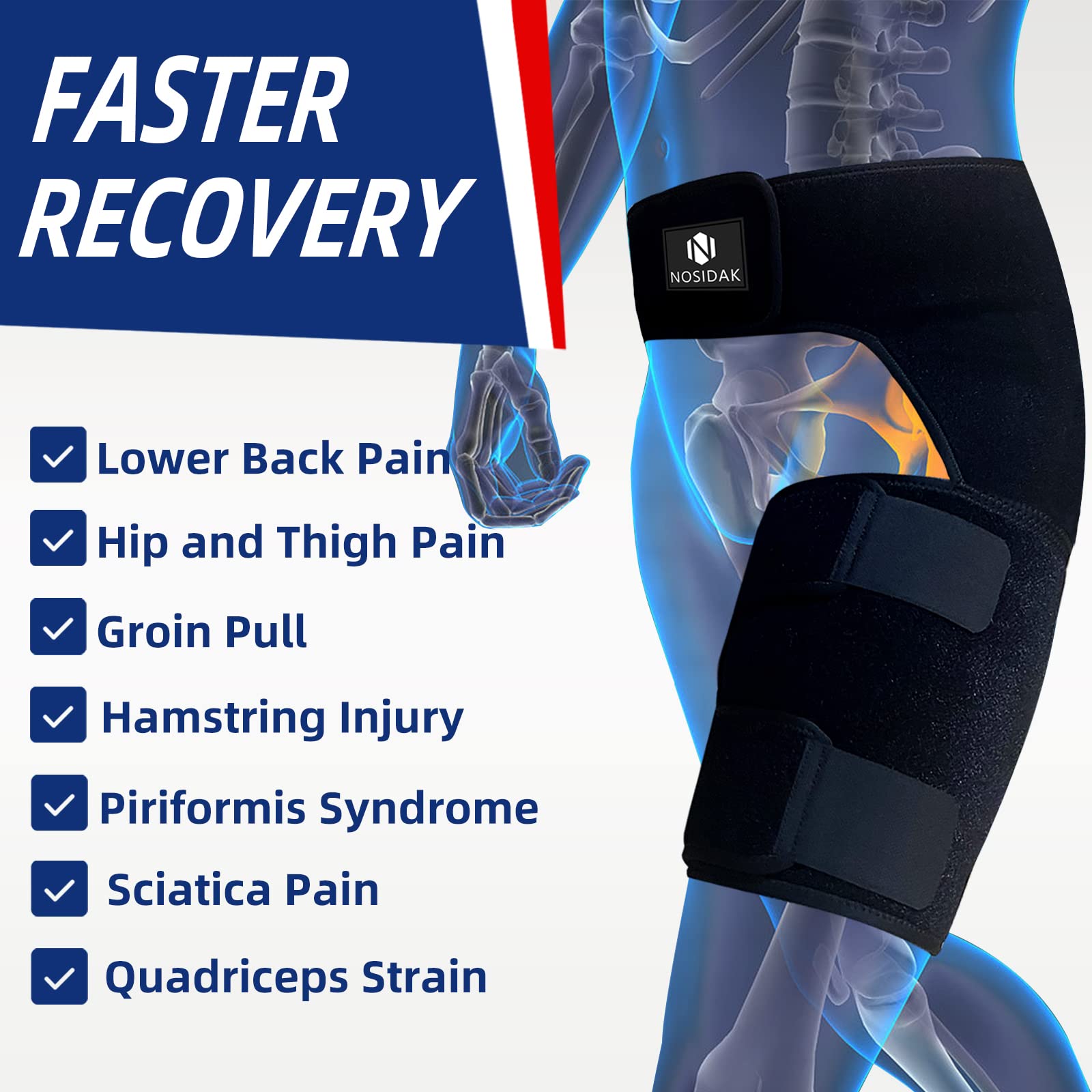 NOSIDAK Hip Brace for Sciatica Pain Relief Thigh Compression Sleeve Groin Brace Sacroiliac Belt Support for SI Joint, Sciatic Nerve, Hip Replacement, Arthritis, Bursitis for Men Women - Left