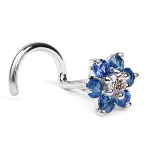 demira jewels handcrafted 6 blue sapphire stones in 14k white gold with 100% natural conflict-free diamond nose stud - 21 gauge thickness wire setting.