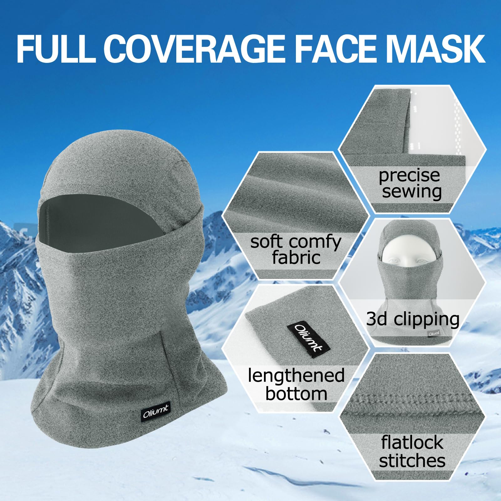 Oliumt Balaclava Ski Mask, Warm, Breathable & Lightweight, Full Coverage Fleece Winter Face Mask for Men & Women (Black,Grey)