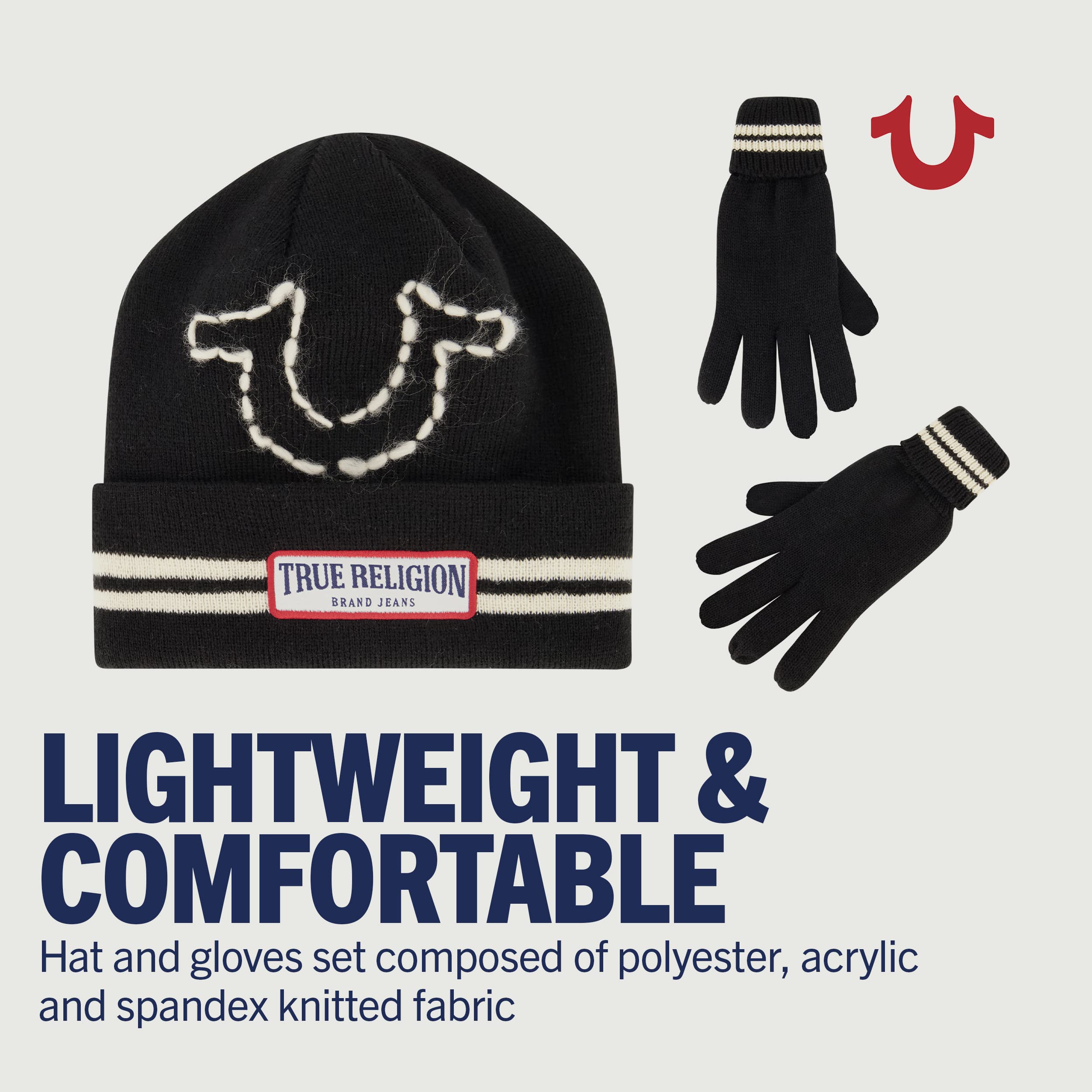 True Religion Beanie Hat and Gloves Set, Cuffed Winter Knit Cap with Stitched Yarn Horseshoe Logo and Fleece Lined Mittens, Black, One Size