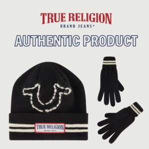 True Religion Beanie Hat and Gloves Set, Cuffed Winter Knit Cap with Stitched Yarn Horseshoe Logo and Fleece Lined Mittens, Black, One Size