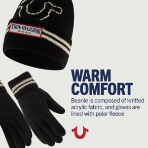 True Religion Beanie Hat and Gloves Set, Cuffed Winter Knit Cap with Stitched Yarn Horseshoe Logo and Fleece Lined Mittens, Black, One Size