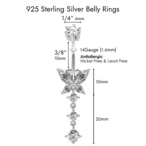 Musegetes Sterling Silver Belly Button Rings, Real 925 Sterling Silver, Butterfly CZ Belly Rings, 14G Navel Piercing Rings, High Polished Smooth Surface, Sterling Silver, cubic zirconia