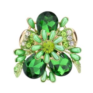 rosemarie collections women's stunning statement crystal teardrop and pave petals with simulated pearl flower stretch cocktail ring, 1.75" (bright green crystal gold tone)