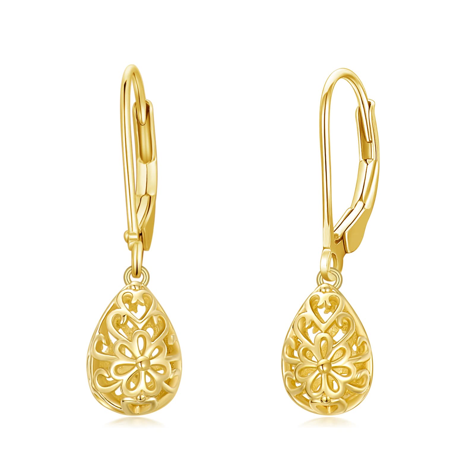 Filigree Leverback Earrings 14k Solid Gold Teardrop Earrings for Women Daisy Flower Leverback Heart Dangle Drop Earrings Jewelry Christmas Gifts for Her