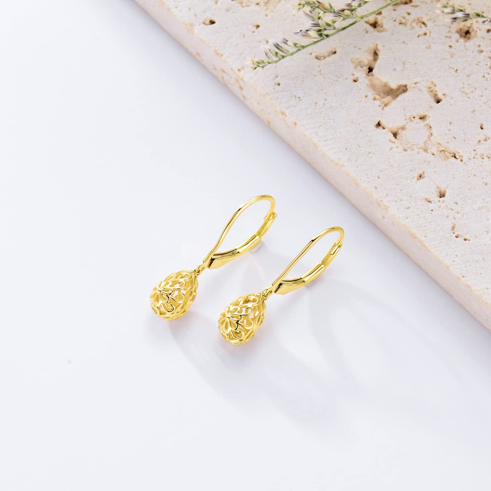 Filigree Leverback Earrings 14k Solid Gold Teardrop Earrings for Women Daisy Flower Leverback Heart Dangle Drop Earrings Jewelry Christmas Gifts for Her