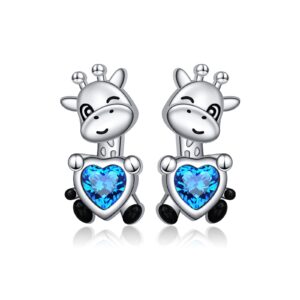 925 sterling silver cute zoo animal giraffe hold blue heart cz stud earrings birthday giraffe jewelry for women daughter teens birthday jewelry