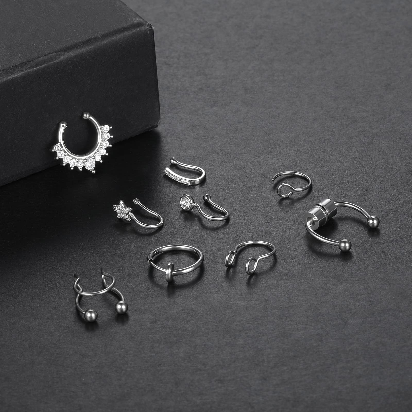 ChiMunllin 9PCS Faux Nose Septum Fake Nose Rings Fake Nose Piercing Studs Rings Stainless Steel Faux Nose Hoop Rings Non Piercing Jewelry for Women Men