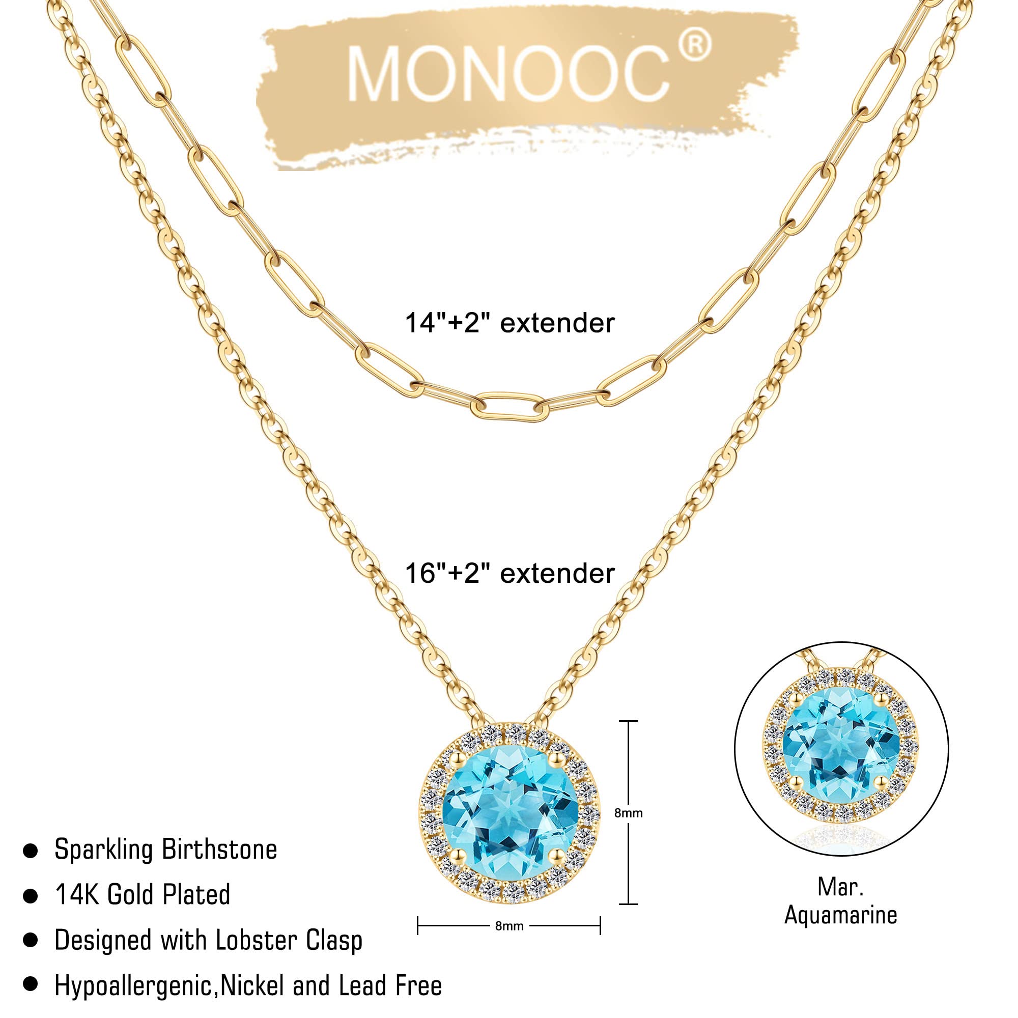 MONOOC Birthstone Necklace for Women, Aquamarine Necklace Birthstone Necklace Layered Gold Necklaces for Women Aquamarine Necklace for Women Aquamarine Jewelry for Women Teen Girls Gifts Blue