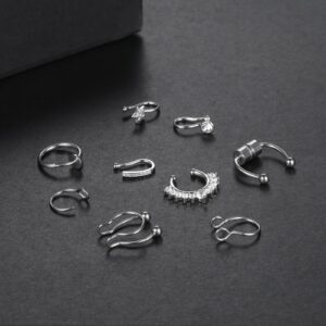 ChiMunllin 9PCS Faux Nose Septum Fake Nose Rings Fake Nose Piercing Studs Rings Stainless Steel Faux Nose Hoop Rings Non Piercing Jewelry for Women Men