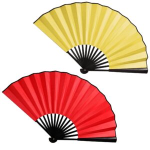 sunpooo 2 pack large bamboo fan, 13 inch rave fan covered with fabric on both sides, handheld fan foldable, folding hand fan used for doodling, chinese fan, festival fan (red and gold)