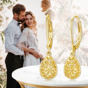 Filigree Leverback Earrings 14k Solid Gold Teardrop Earrings for Women Daisy Flower Leverback Heart Dangle Drop Earrings Jewelry Christmas Gifts for Her