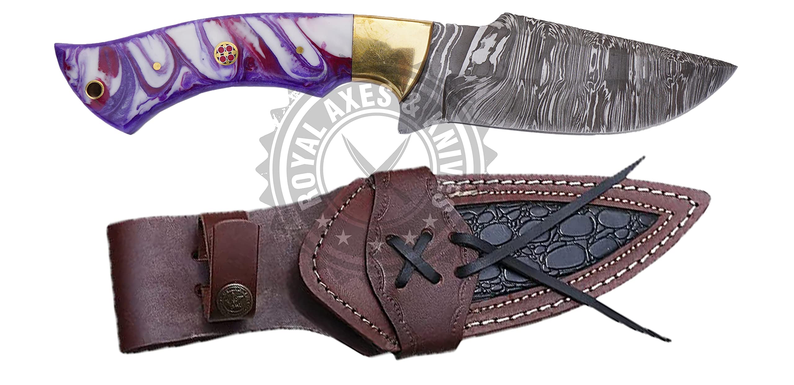 NA-1 Royal Knife Custom Hand Made Damascus Steel Bowie Knife With Multi Purple Resin Handle Material Hand Made Fixed Blade Survival Knife With Leather Sheath (R K 002)