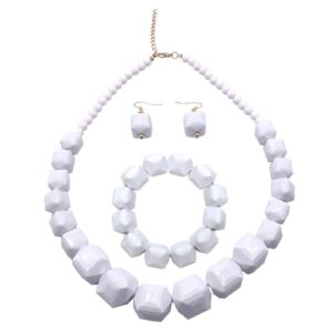 jhwzaiy white beads necklace, costume jewelry for women strand necklaces, acrylic african beaded necklace chunky statement, halloween necklaces (necklace earring + bracelet set)