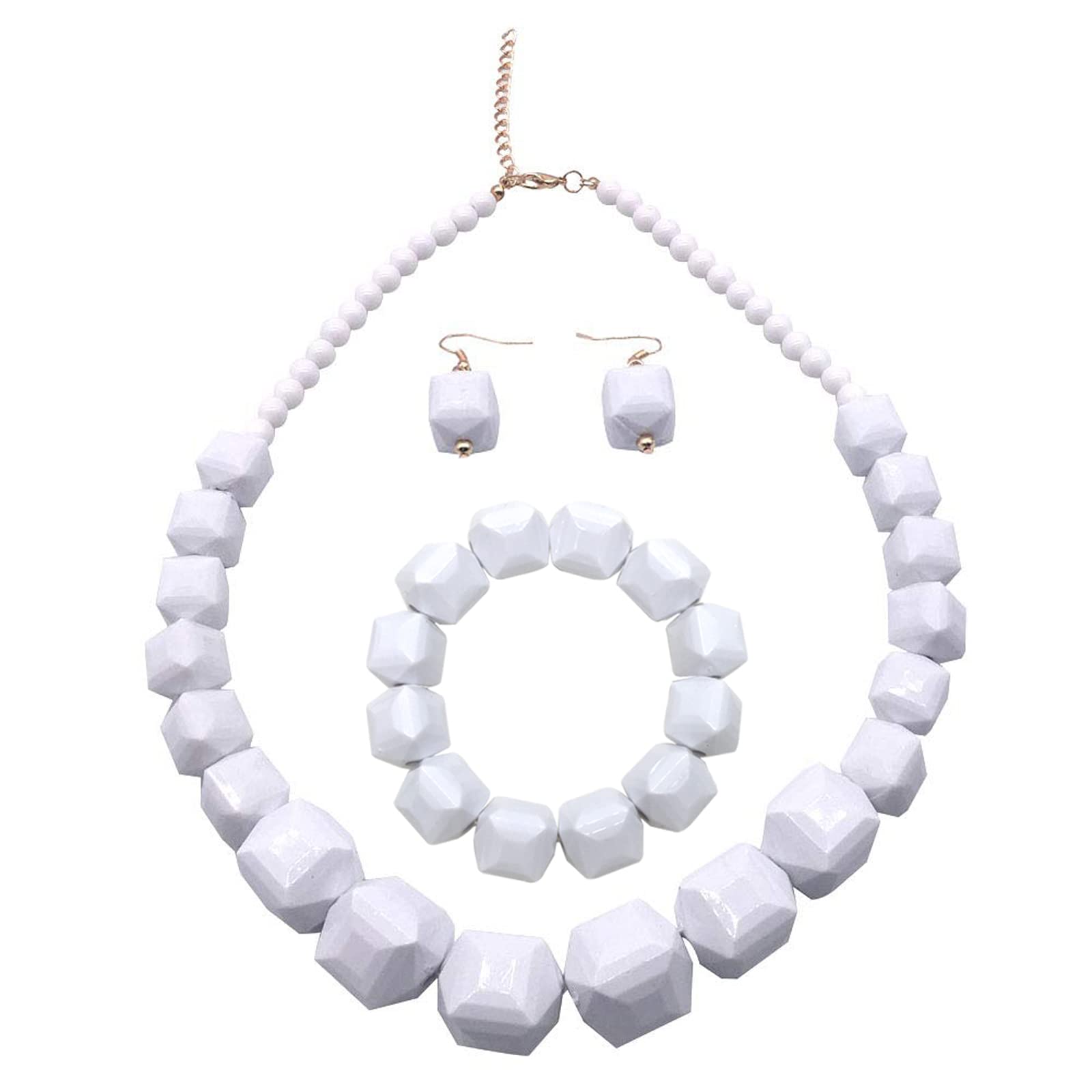 JHWZAIY White Beads Necklace, Costume Jewelry For Women Strand Necklaces, Acrylic African Beaded Necklace Chunky Statement, Halloween Necklaces (Necklace Earring + Bracelet Set)