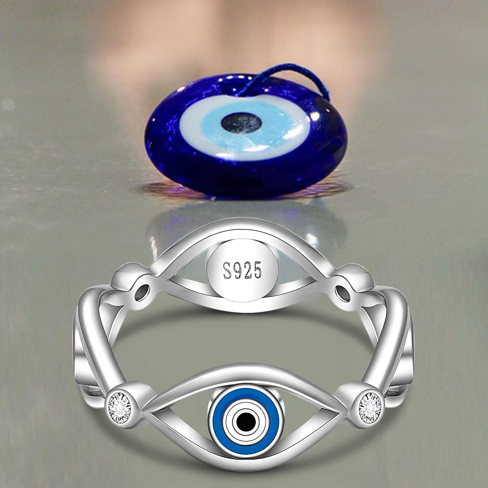 Blue Evil Eye Ring for Women Sterling Silver Turkish Evil Eye Rings Mal De Ojo Nazar Spiritual Greek All Seeing Eye Amulet Religious Jewelry Gift Size 8