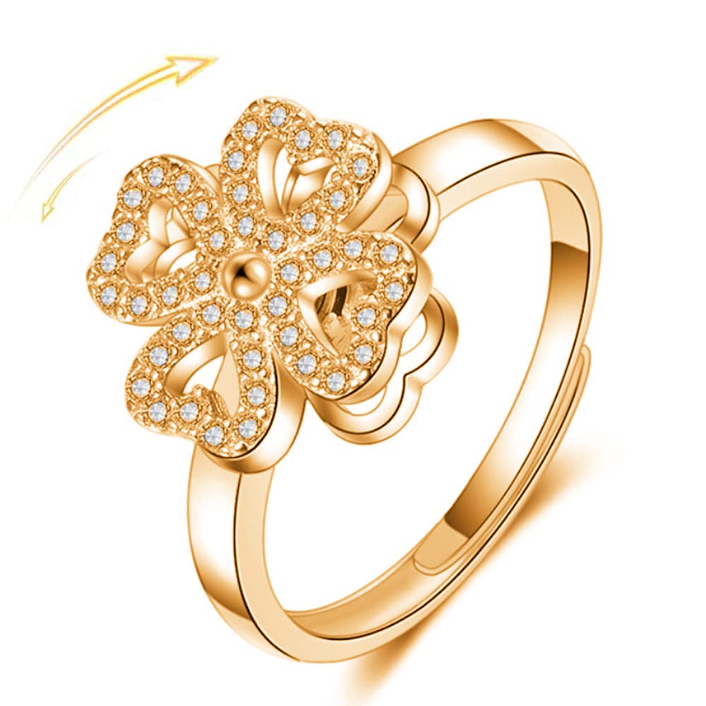 Four-Leaf Clover Spinner Rings Anxiety Fidget Ring for Anxiety Sterling Silver Plated Cubic Zirconia Flower Band Relieving Stress Open Stacking Finger Calming Gifts Birthday Daughter Fashion Promise Engagement Statement Jewelry (Gold)