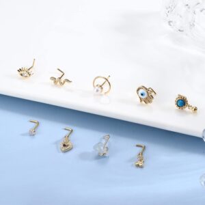 ORAZIO 9Pcs Dangle Nose Rings 20G Nose Ring Stud for Women Stainless Steel L Shaped Nose Rings Heart Snake Evil Eye Nose Studs Dangling Nose Piercing Jewelry