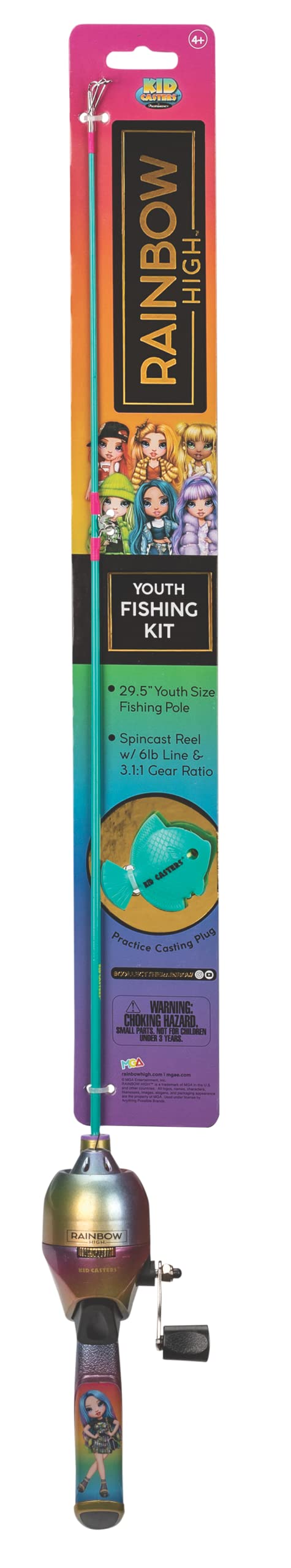 Kid Casters: Rainbow High Youth Fishing Kit | Spincast Reel & Practice Casting Plug | Small & Easy to Use (Pre-spooled with a 6-Pound Fishing line), 29.5 Inches Long