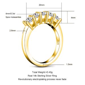 AnuClub 5 Stone Moissanite Wedding Band 1.5cttw D Color Lab Diamond 14k Yellow Gold Plated Silver Eternity Rings, Christmas Gift For Women With Certificate (7.5)