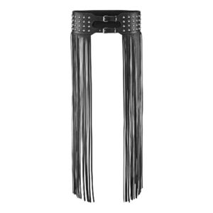 Ayliss Women Punk Waist Belt Rivet Studded Tassel Fringe Skirt Belt Double Grommet PU Leather Elastic Waistband Rocker (Black #1)