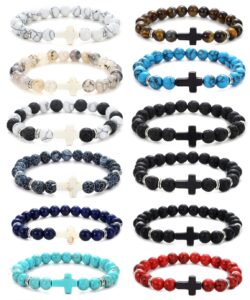 svovin 12pcs fashion religion cross men women 8mm natural stone lava tiger eye stretch anxiety bracelets unisex 7.5"