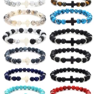 Svovin 12Pcs Fashion Religion Cross Men Women 8mm Natural Stone Lava Tiger Eye Stretch Anxiety Bracelets Unisex 7.5"