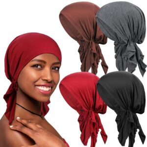 oumrote 4 pieces soft cotton chemo headwear for women, stretch pre-tied chemo head scarves for cancer