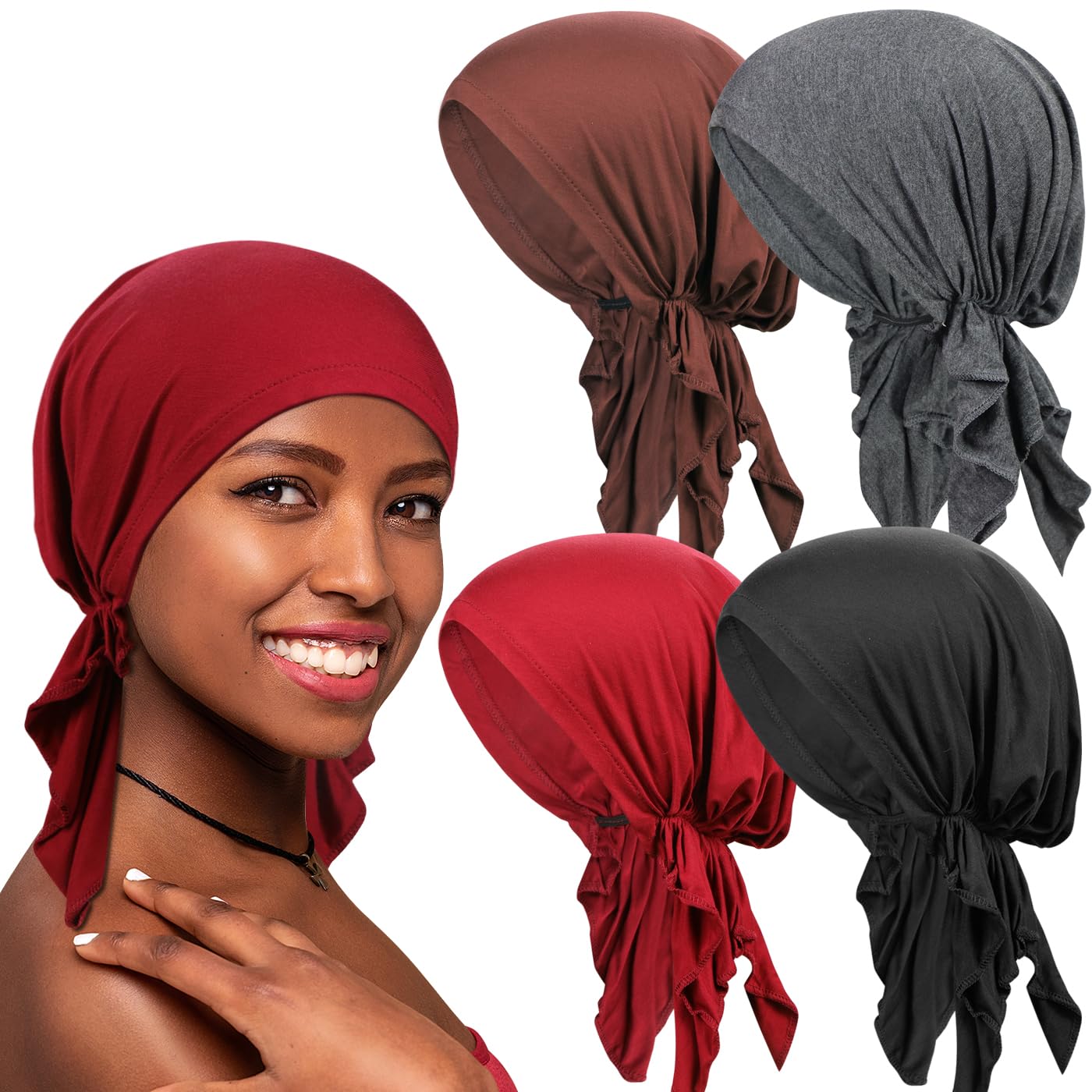 Oumrote 4 Pieces Soft Cotton Chemo Headwear for Women, Stretch Pre-Tied Chemo Head Scarves for Cancer