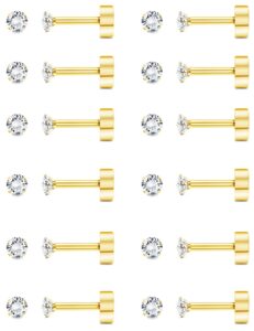 fasacco 12 pairs 14k flat back earrings 20g cartilage earring stud tiny 2mm flat back stud earrings