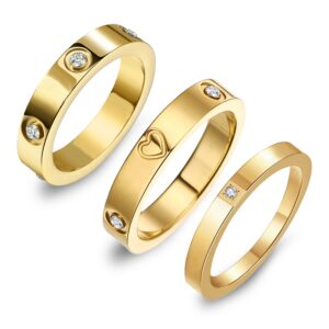 chuqiu 3pcs love friendship ring gold ring sets for women stainless steel wedding statement thumb ring 18k gold silver rose plated cubic zirconia rings jewelry gifts for her