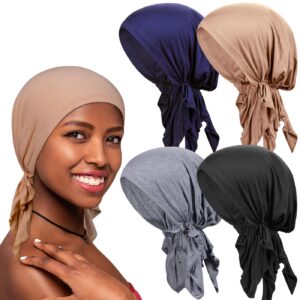 oumrote 4 pieces soft cotton chemo headwear for women, stretch pre-tied chemo head scarves for cancer