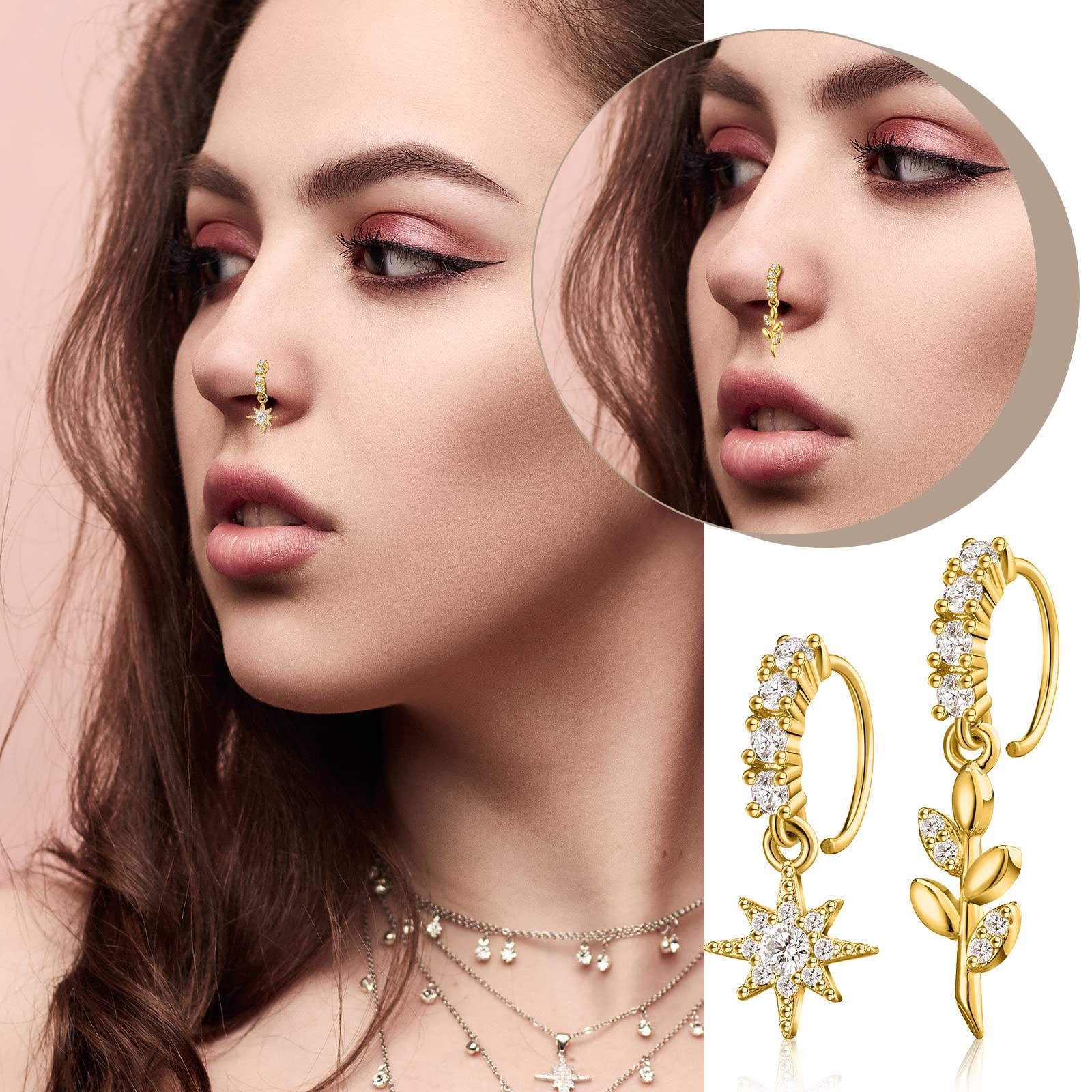 Bonuci 18 Pcs Dangle Nose Ring L Shaped Dangling Nose Stud Nose Ring Hoop Indian Nose Piercing Jewelry with Charm (Gold)