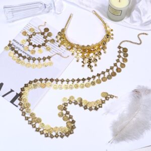 JOERICA Belly Dance Jewelry for Women Gold Coin Headband Gold Chain Belt Coin Chain Gold Coin Anklet Gypsy Jewelry Halloween Party Costume