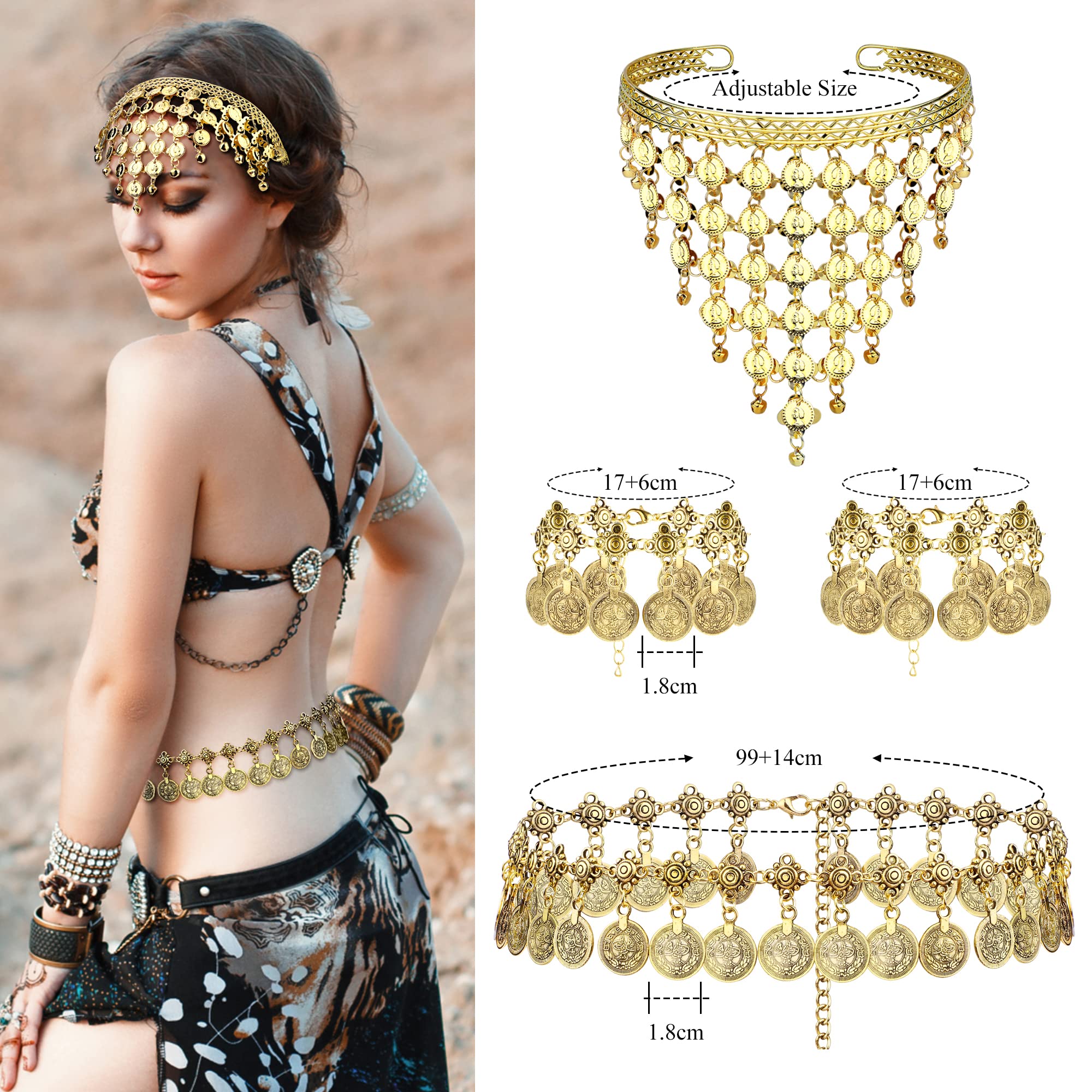 JOERICA Belly Dance Jewelry for Women Gold Coin Headband Gold Chain Belt Coin Chain Gold Coin Anklet Gypsy Jewelry Halloween Party Costume